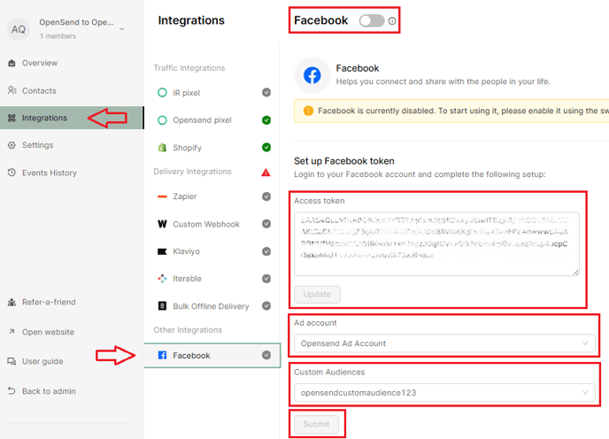 How does Opensend enable retargeting with ads via Facebook integration?
